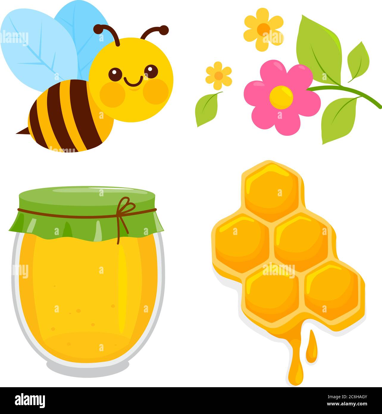 Colección De Miel Con Abeja Panal De Abeja Tarro De Miel Y Flores Ilustración Vectorial