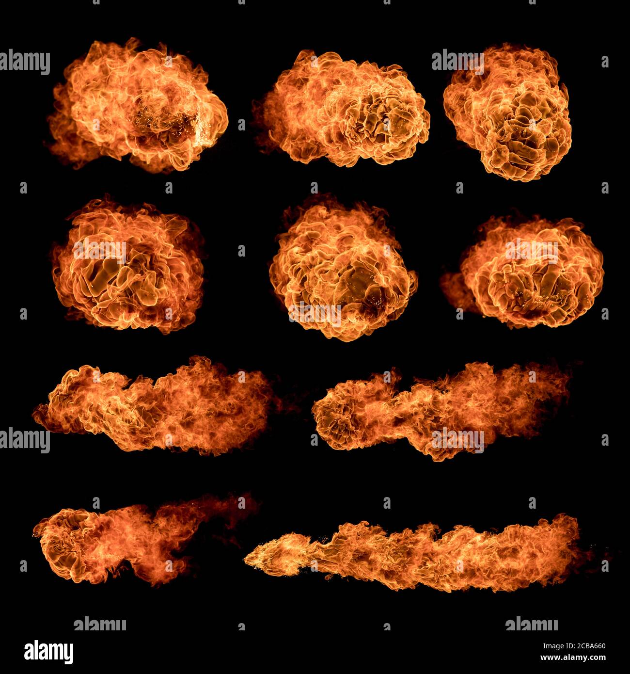 Bolas De Fuego Colección Texturas Aislado Sobre Fondo Negro Imágenes