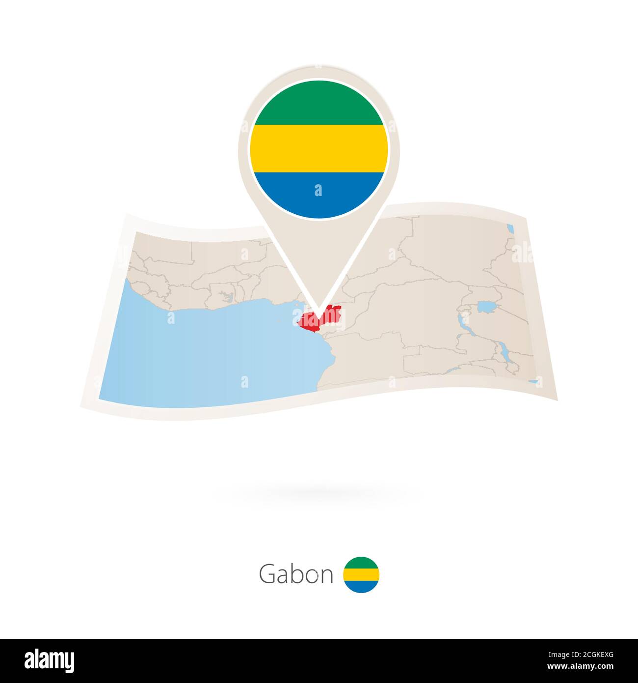 Mapa De Papel Doblado De Gabón Con Pin De Bandera De Gabón Ilustración