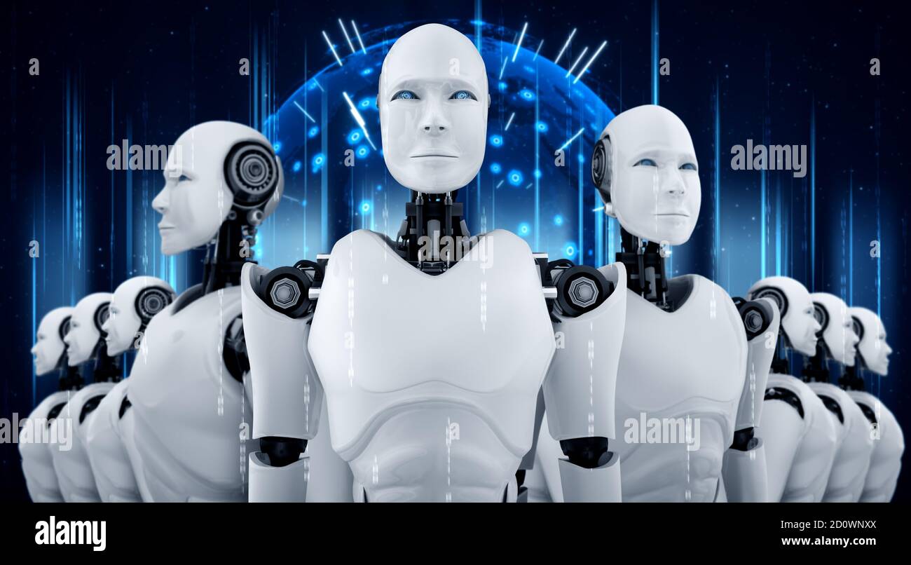 Ilustración 3d Del Grupo Robot Humanoide En Concepto De Inteligencia