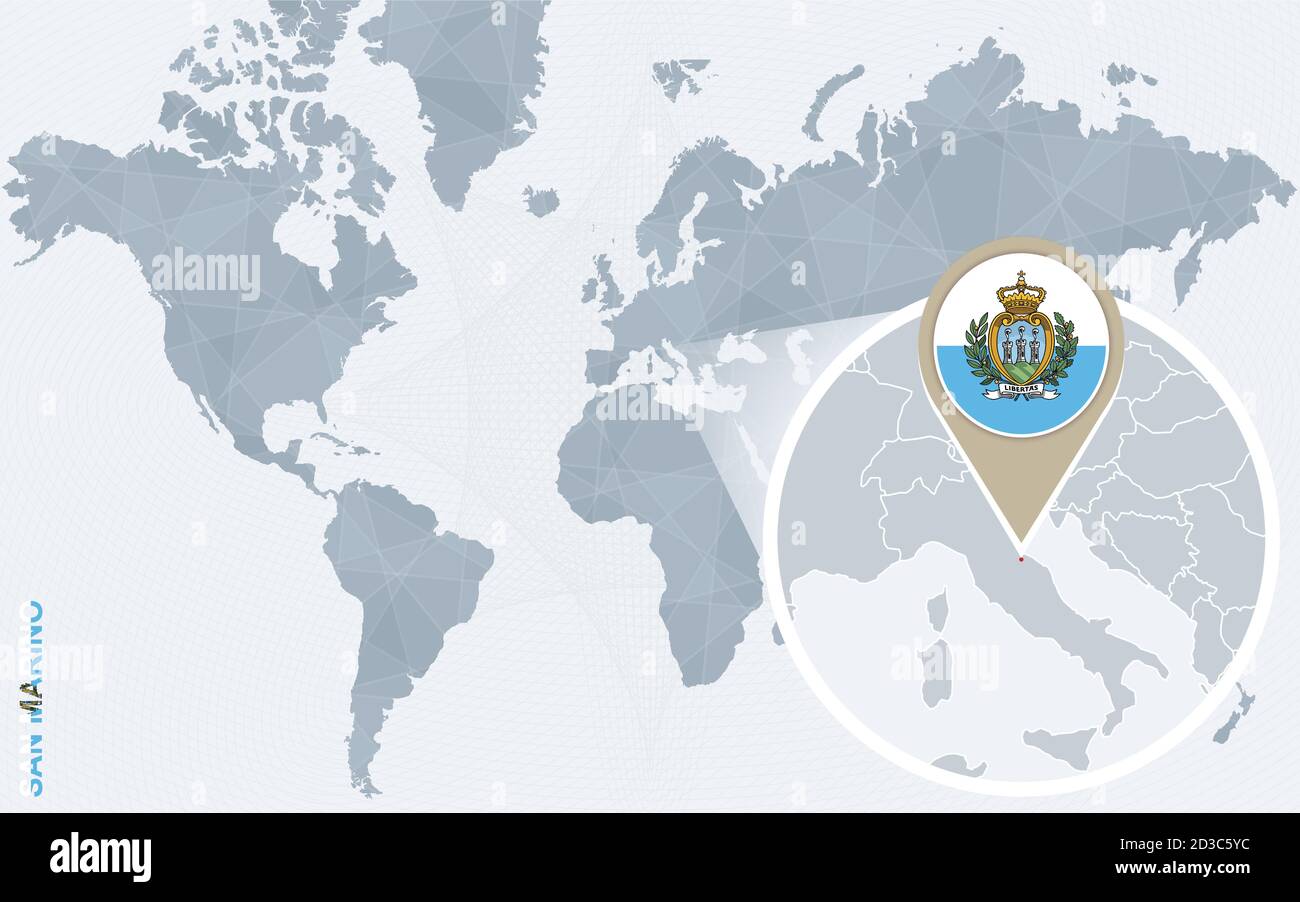 Resumen Mapa Del Mundo Azul Con San Marino Magnificado Bandera Y Mapa