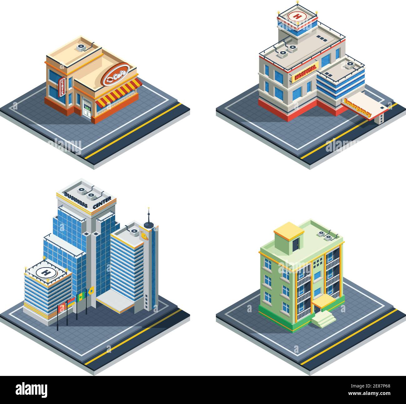 Edificio Isométrico Aislado Conjunto De Iconos Con Cuatro Tipos De