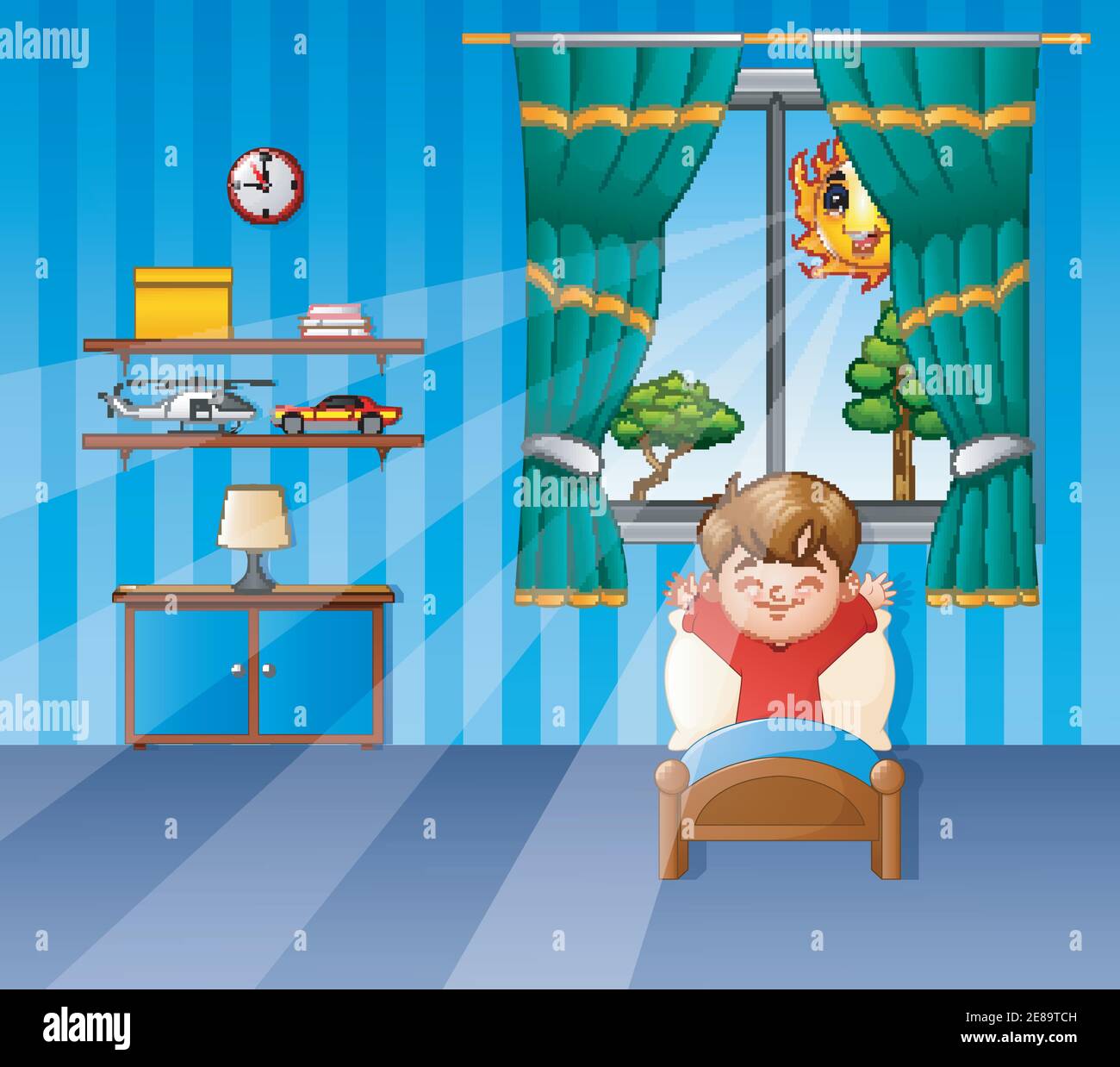 Ilustración Vectorial Del Niño Que Se Despierta Y Bostezando La Mañana