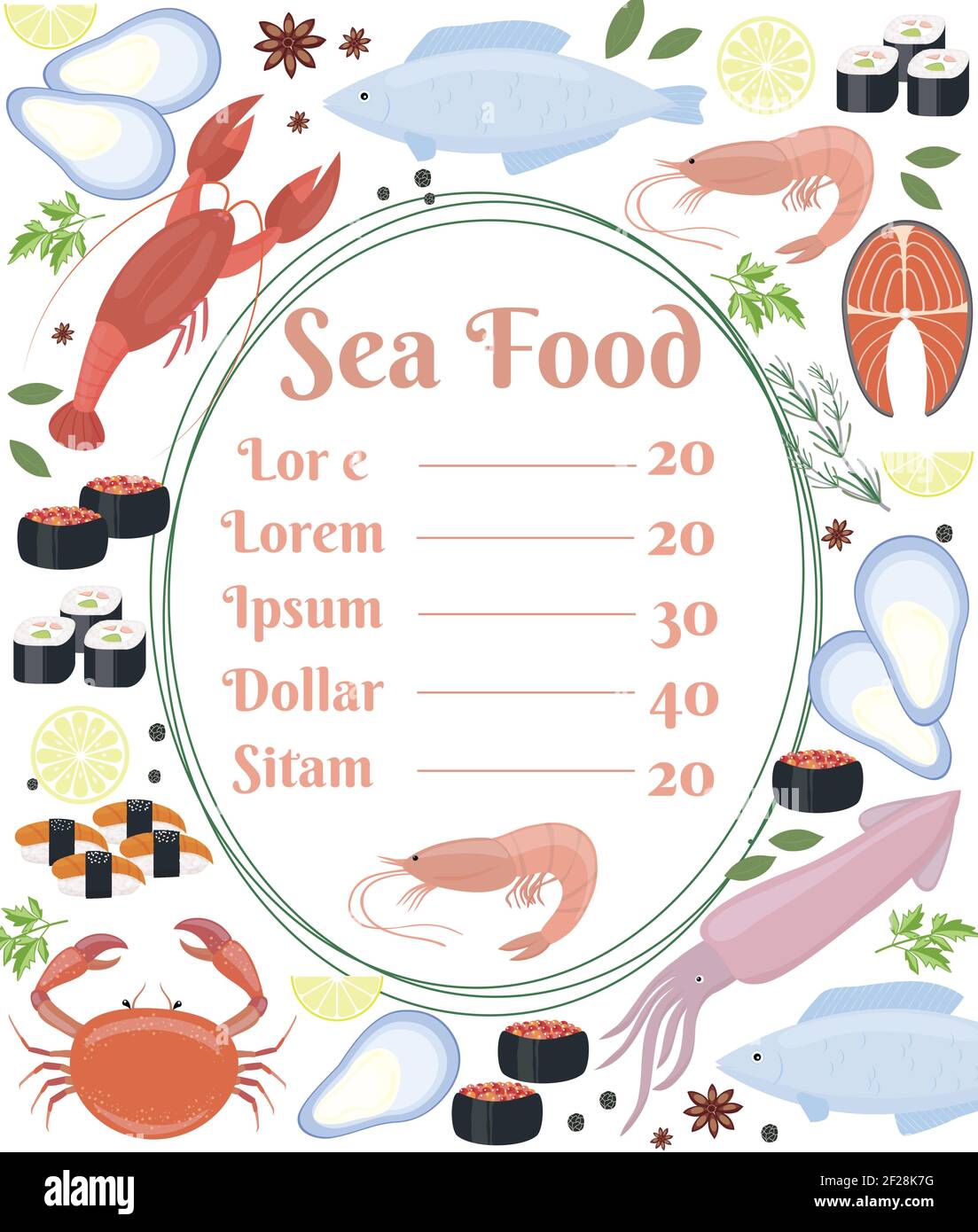 Póster de menú de marisco vector colorido con un marco central con ...