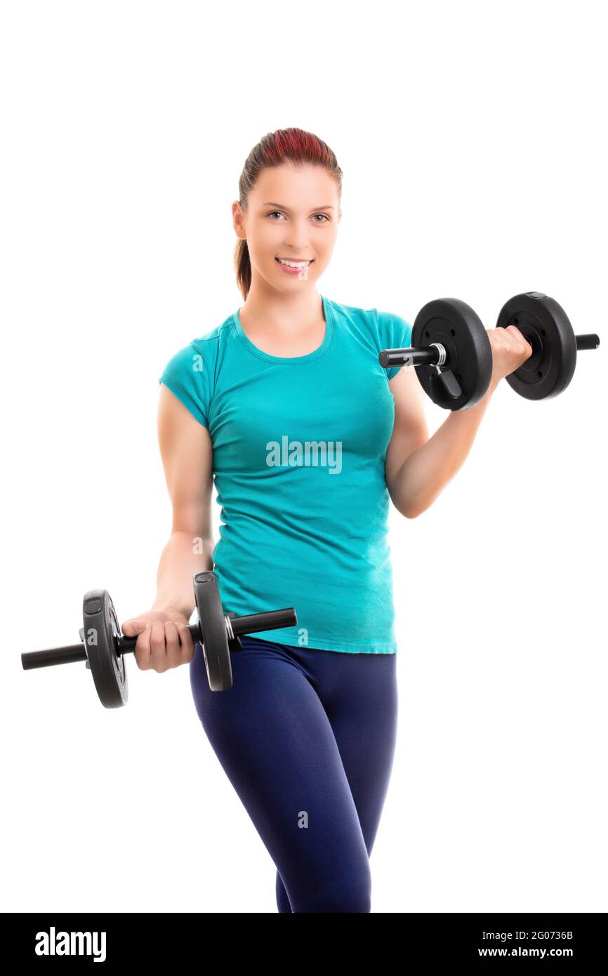 Forma Atractiva Mujer Joven Sonriente En Ropa Deportiva Haciendo Rizos