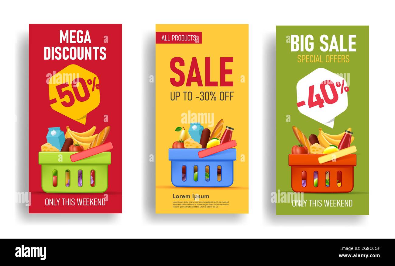 Conjunto De Plantillas De Flyer O Banner Para Supermercado Con Cesta