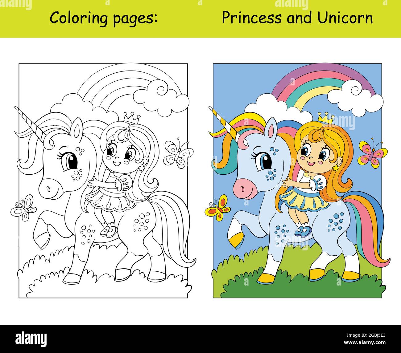 Linda Pequeña Princesa Montando En Un Unicornio Página De Libro Para