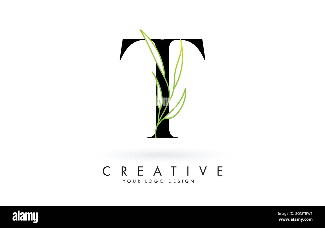 Elegante Diseño Con Logotipo De Letra T Con Ilustración De Vector De Rama De Hojas Largas Icono