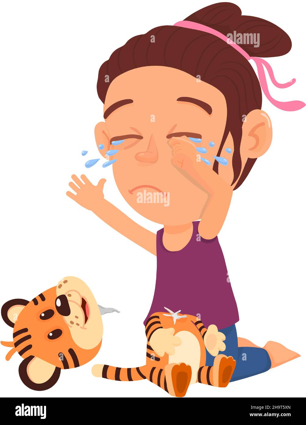 Niña llorando sobre el juguete roto. Llorando triste niño con tigre ... Niña llorando sobre el juguete roto. Llorando triste niño con tigre ...