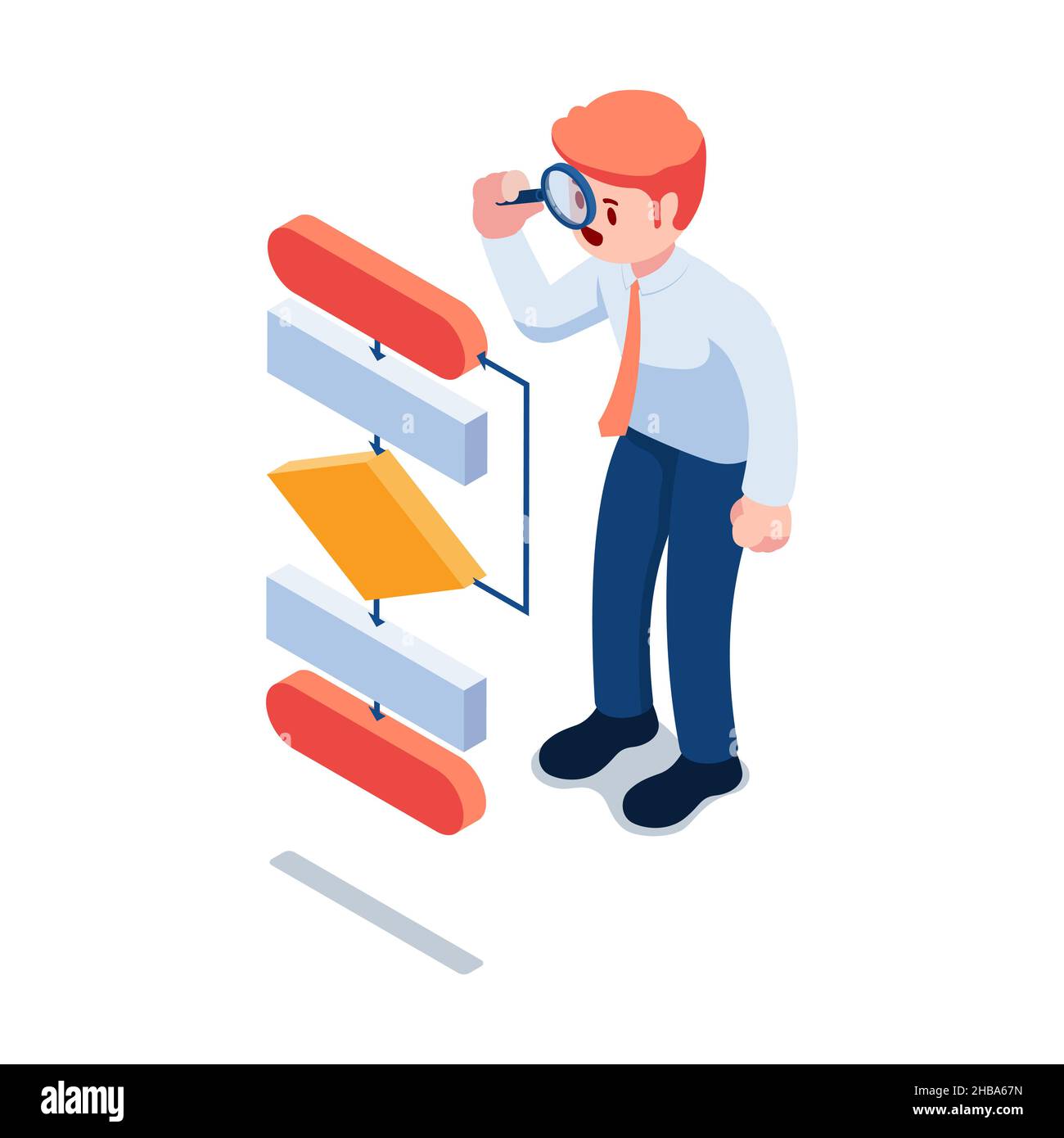 Flat 3d Isometric Businessman Mirando El Diagrama De Flujo A Través De