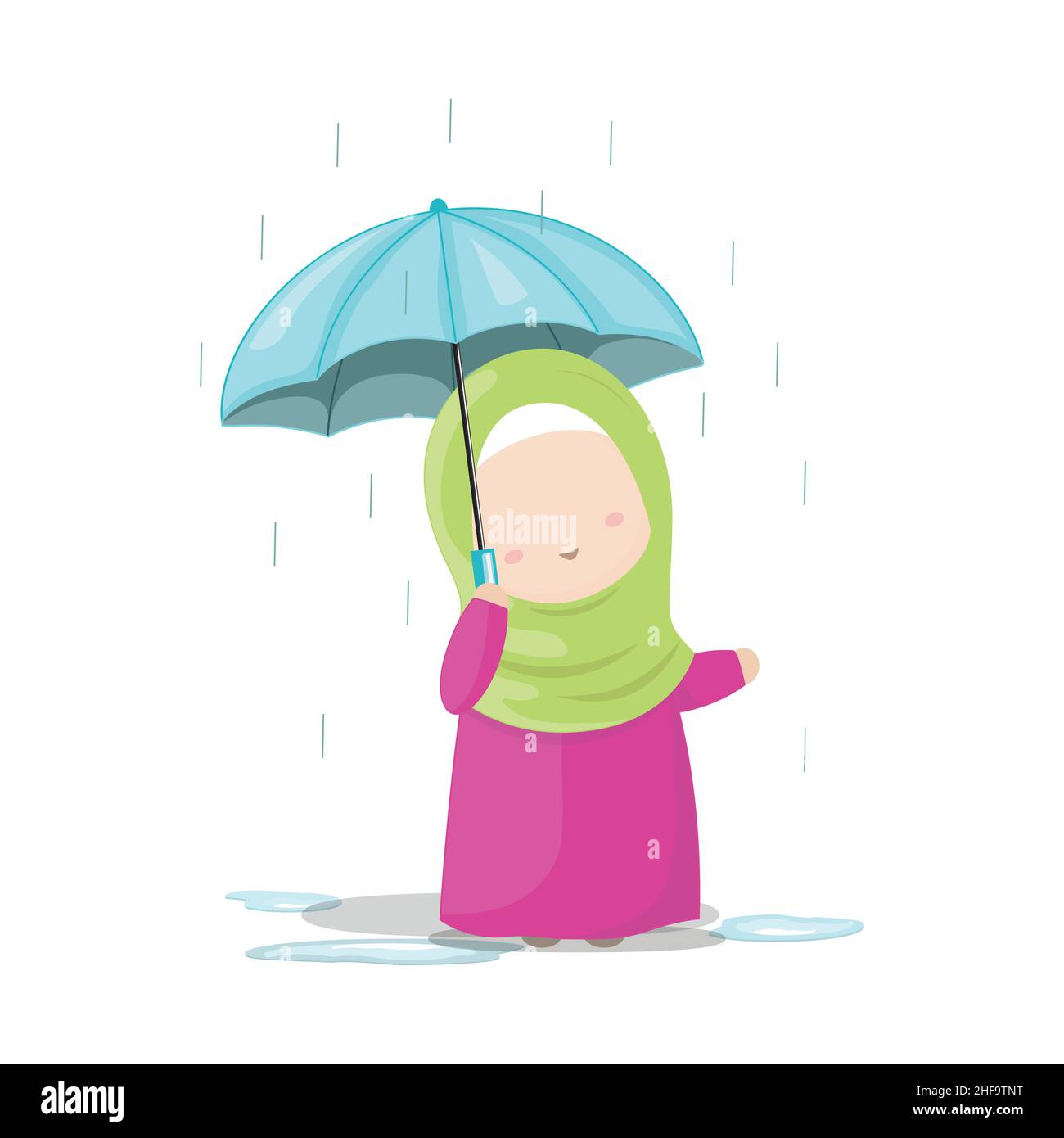 Chica joven usando hijab con paraguas en la lluvia, linda ilustración ... Chica joven usando hijab con paraguas en la lluvia, linda ilustración ...