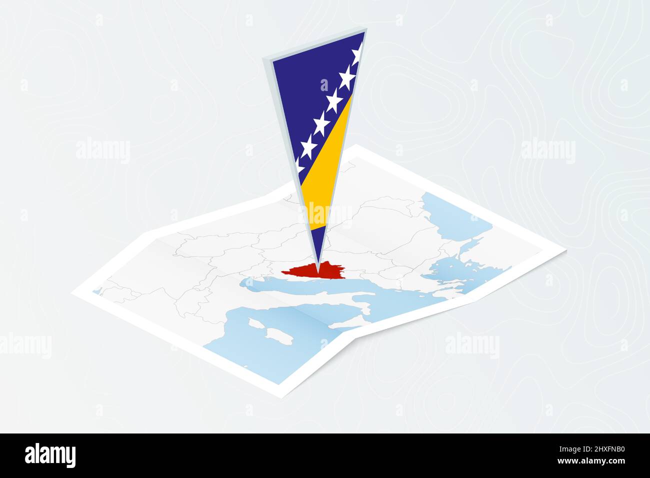 Mapa Isométrico En Papel De Bosnia Y Herzegovina Con Bandera Triangular
