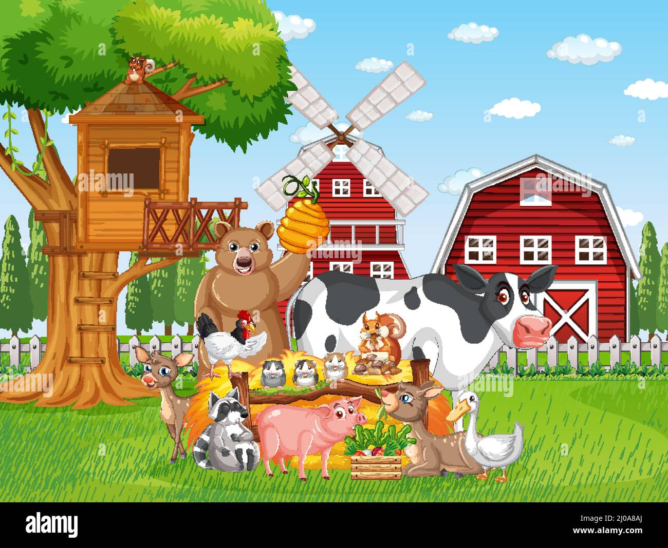Escena de granja con muchos animales de granja ilustración Imagen ... Escena de granja con muchos animales de granja ilustración Imagen ...