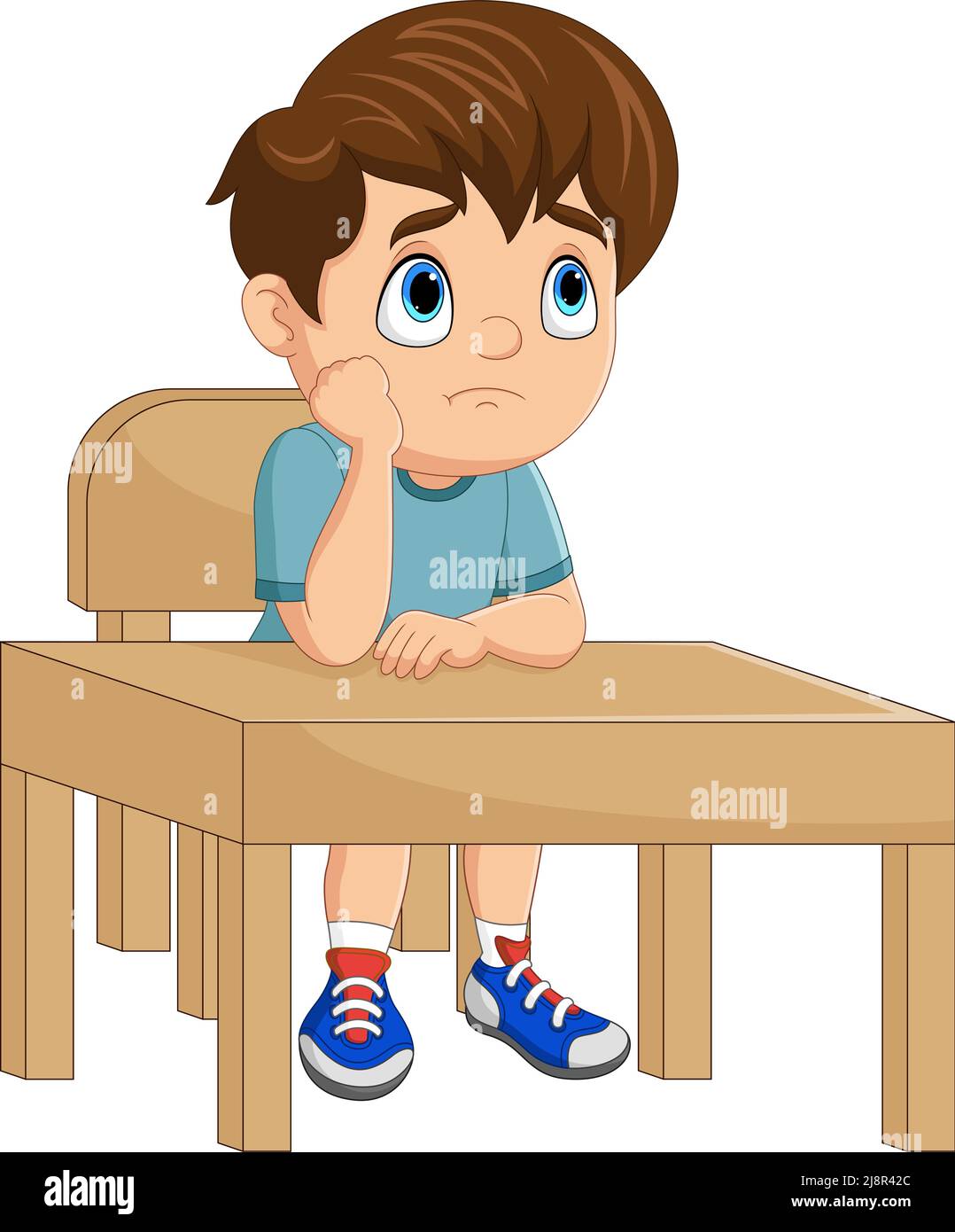 Niño pequeño de dibujos animados aburrido en la lección de la escuela ... Niño pequeño de dibujos animados aburrido en la lección de la escuela ...