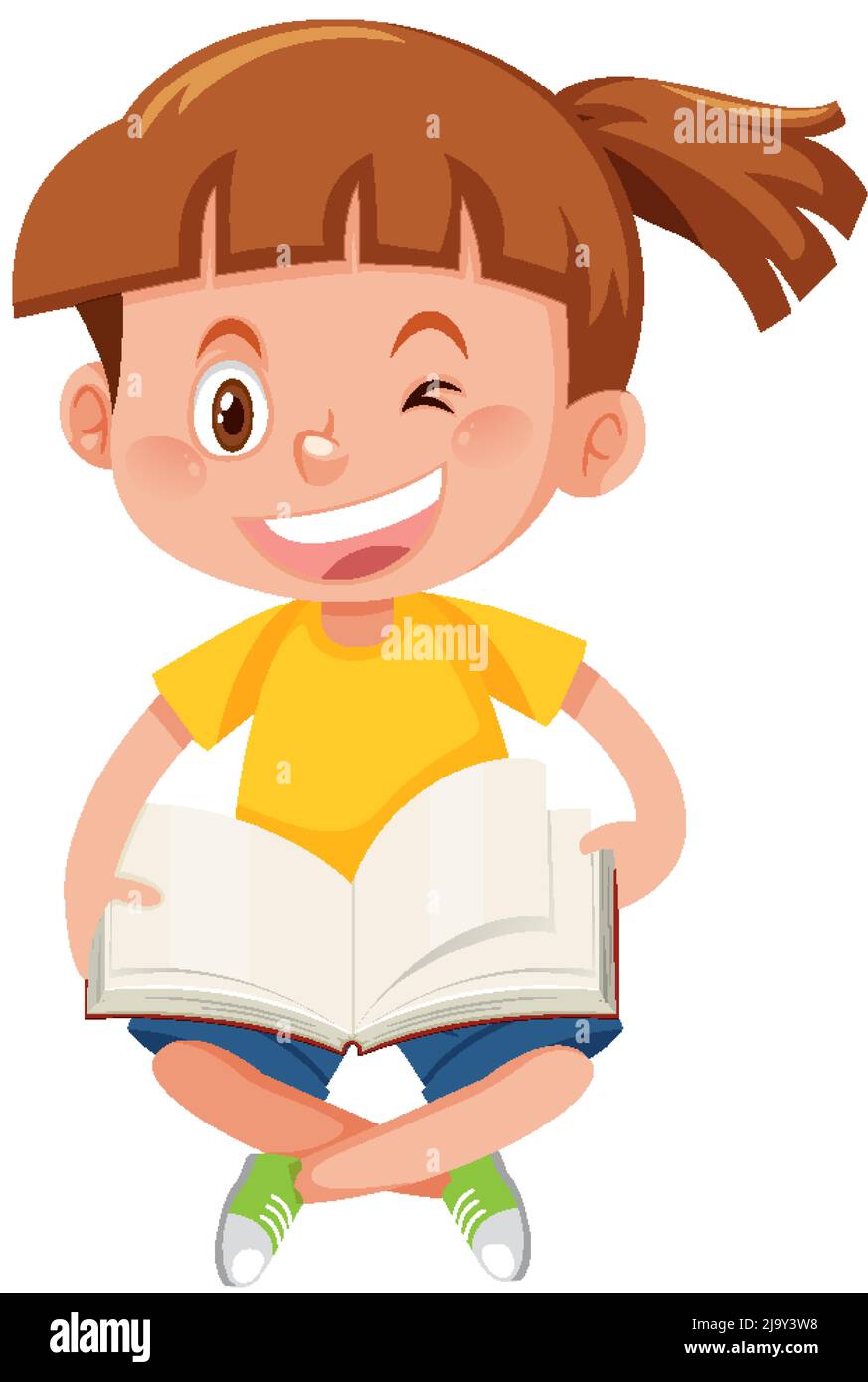 Una Feliz Niña Leyendo Libro En Dibujos Animados Estilo Ilustración