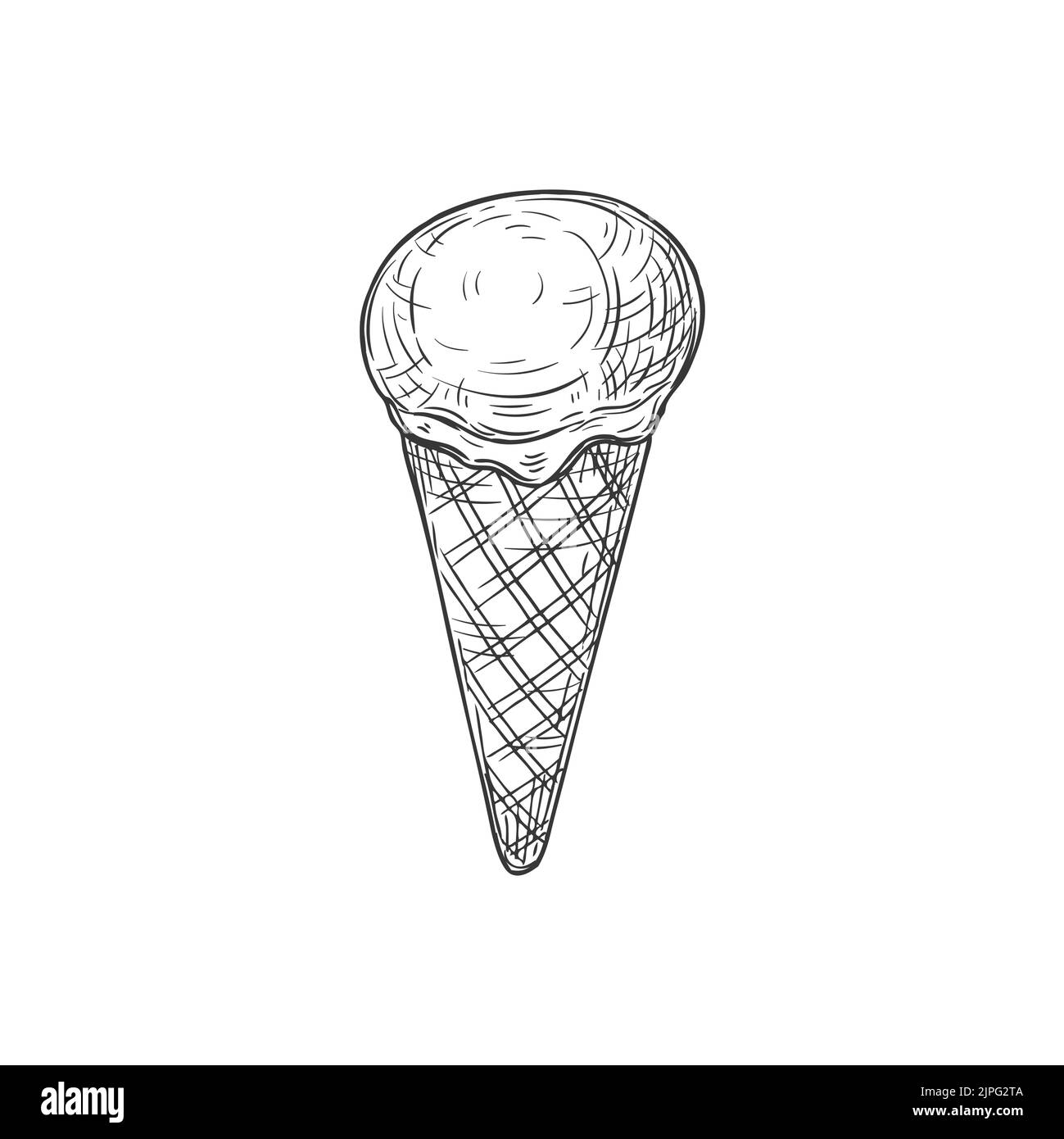 Boceto Helado En Cono De Gofre Aislado Postre Monocromo Icono Croquis