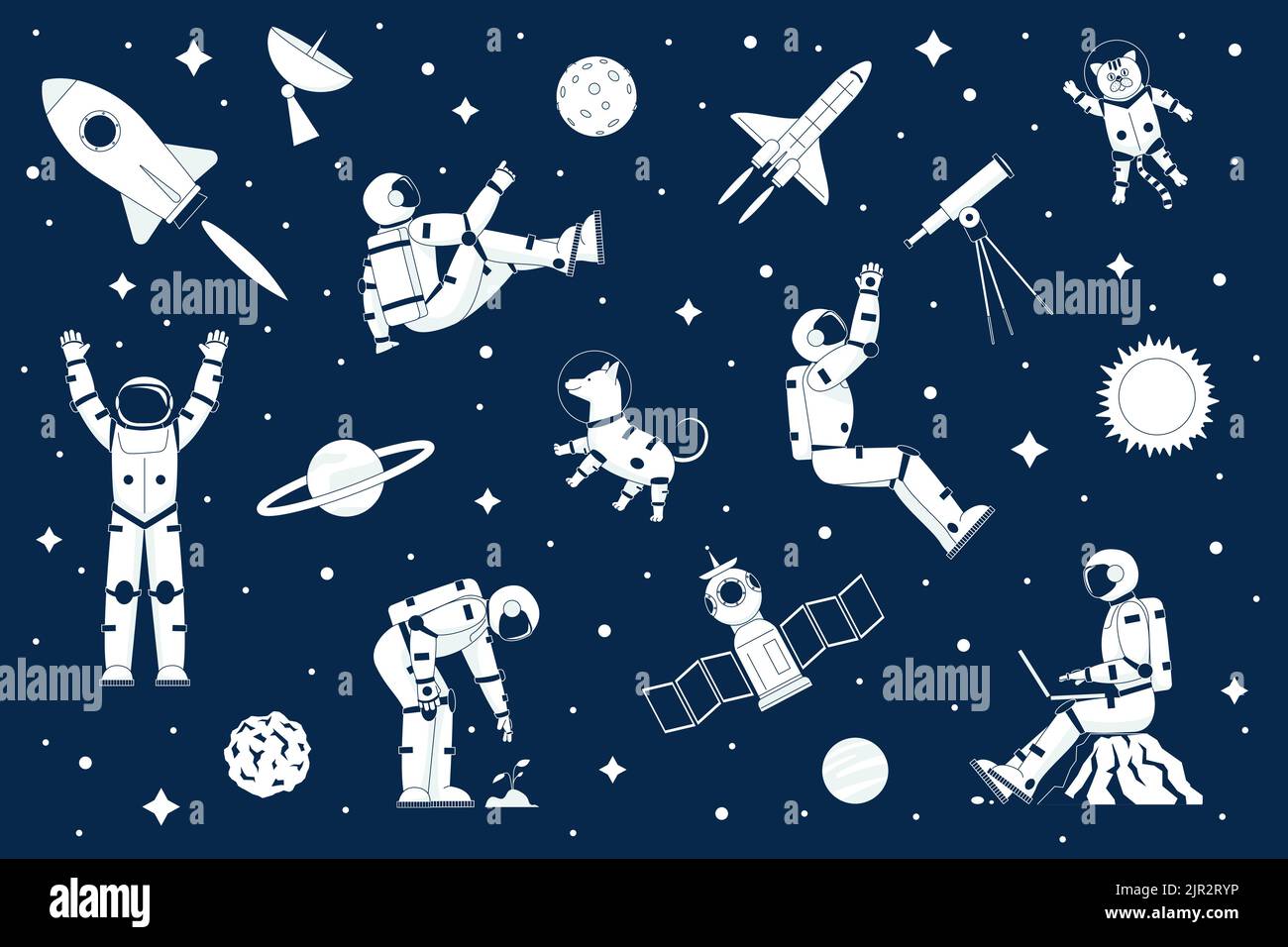 conjunto de explorador de espacio. Perro y nave espacial, astronautas y ... conjunto de explorador de espacio. Perro y nave espacial, astronautas y ...