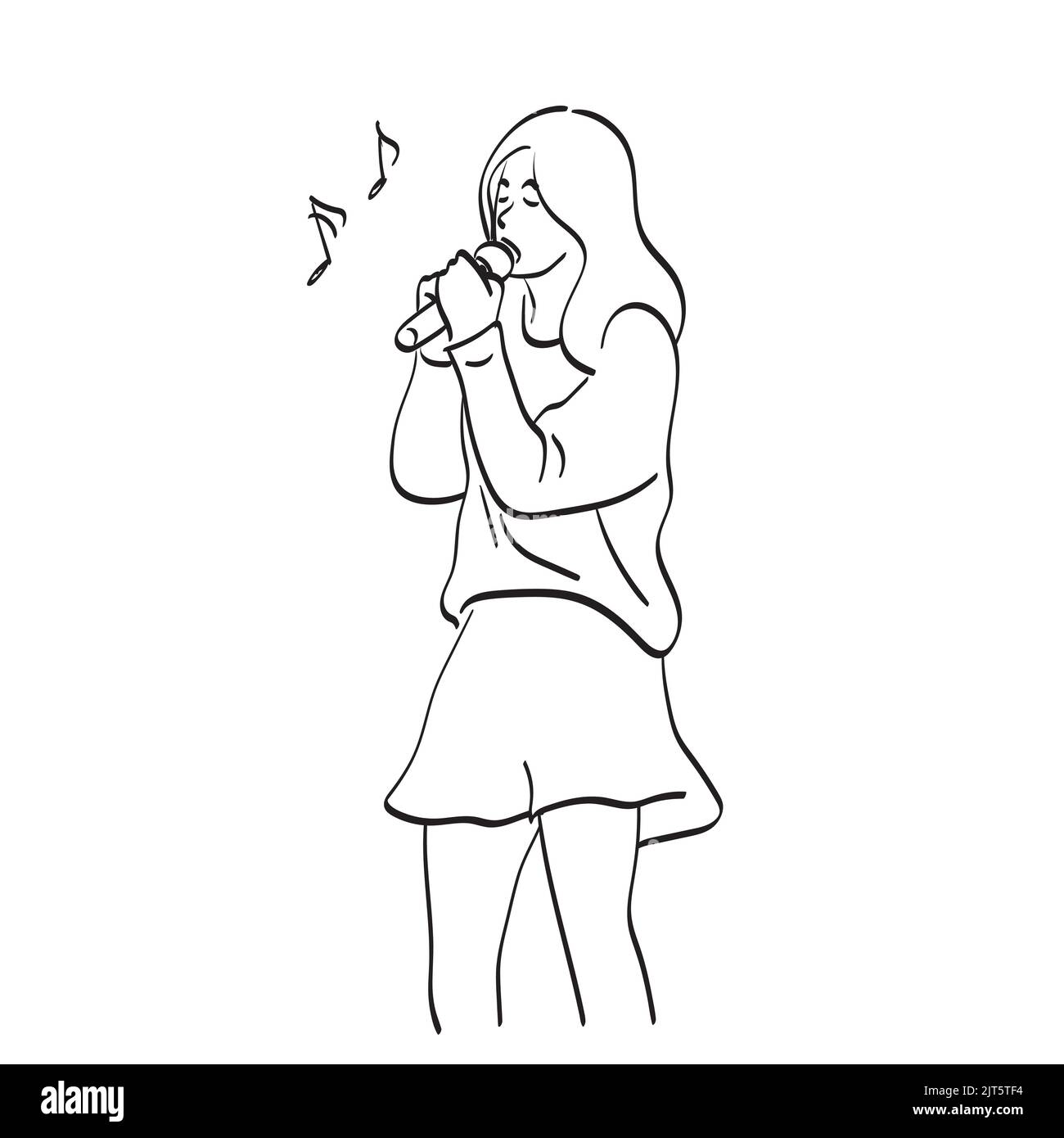 Mujer Cantando Una Canción Con Micrófono Ilustración Vector Mano
