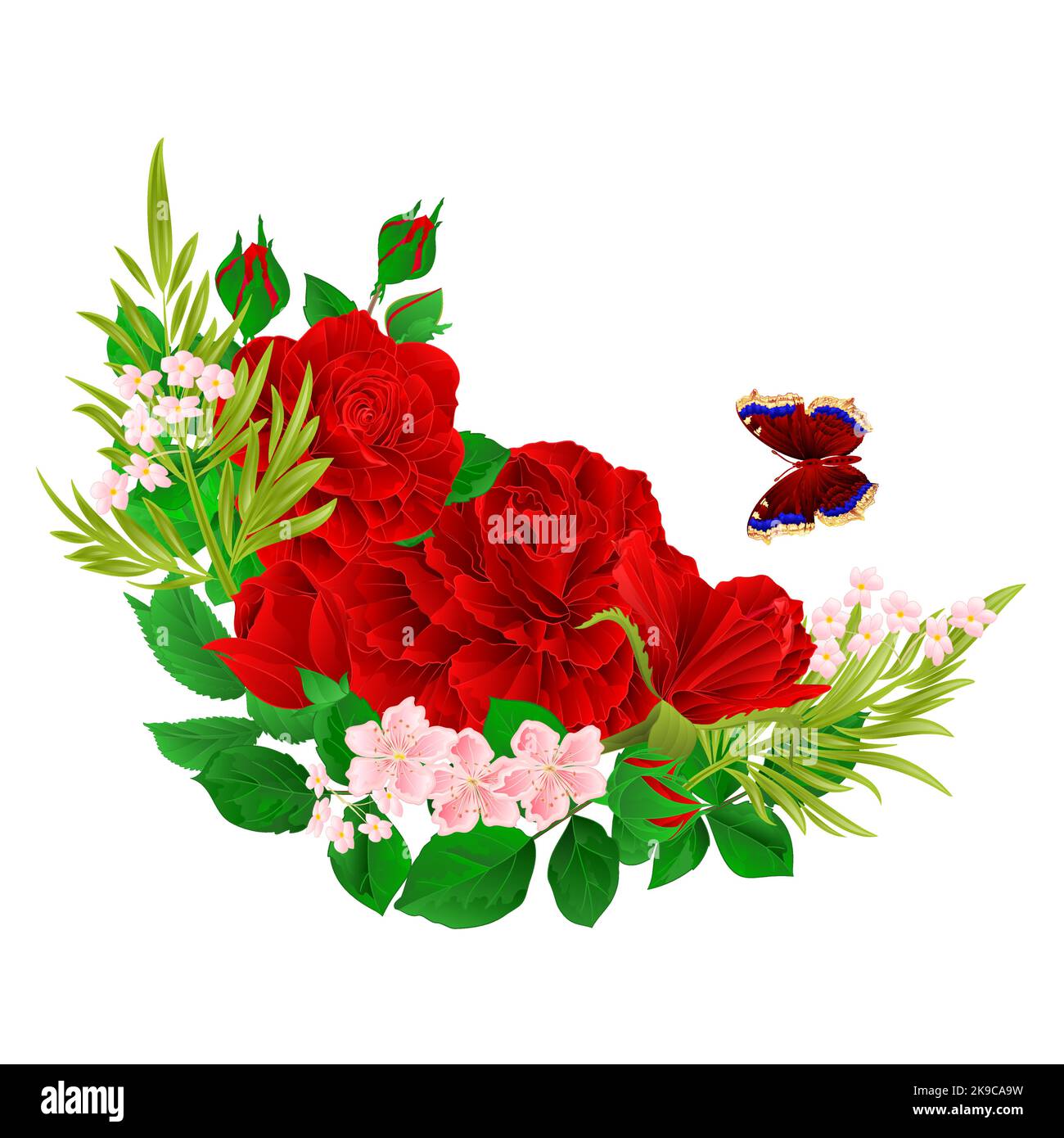 Marco floral en forma de media luna con rosas rojas y mariposa vintage ...