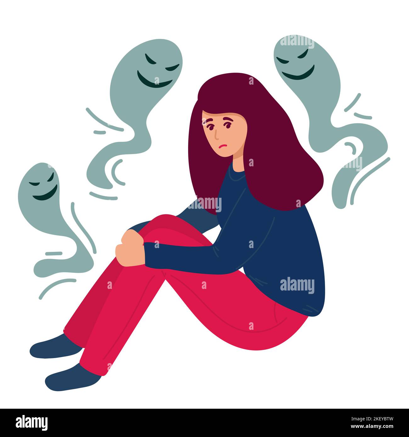 Concepto De Problema De Salud Mental Mujer Joven Rodeada De Miedos