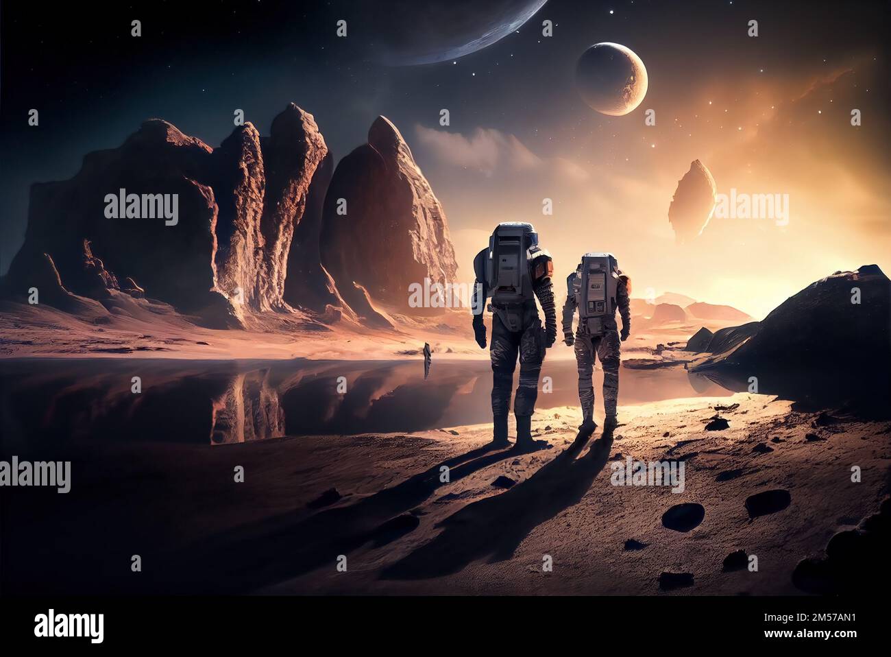 Astronautas En El Planeta En El Mundo Alienígena Ilustración 3d Vista