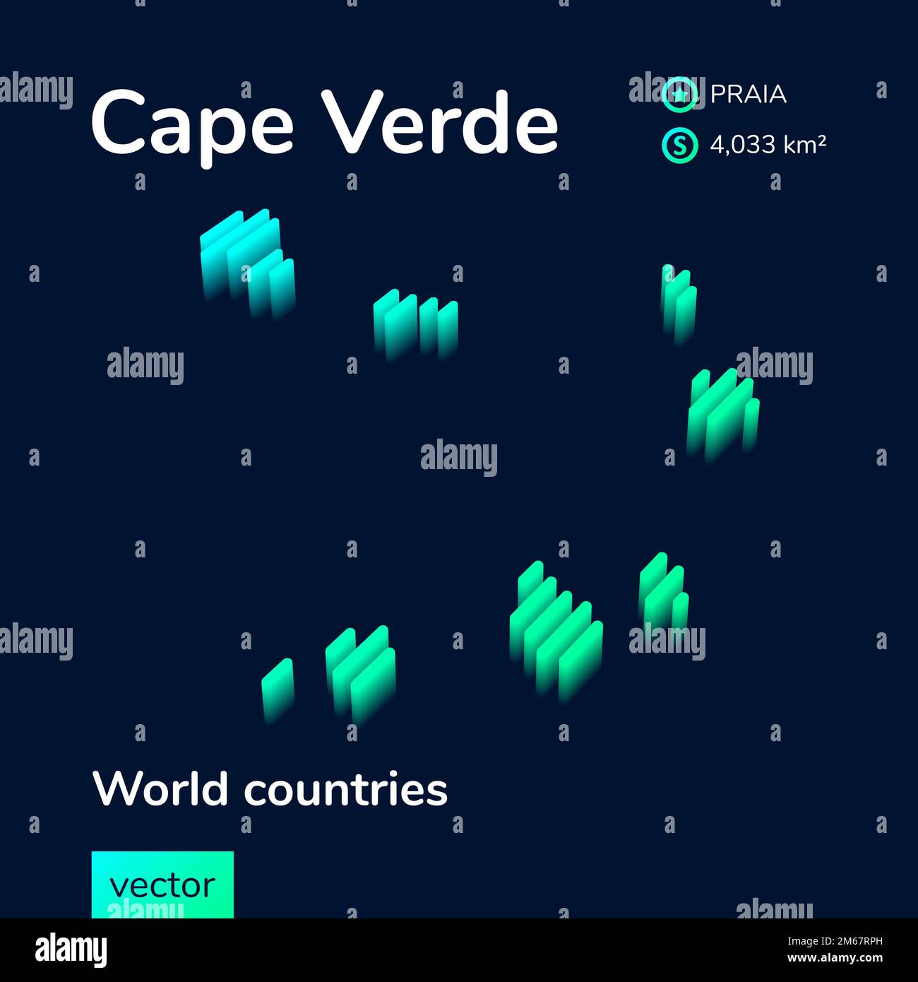 Estilizado Isométrico Neón Rayado Vector Mapa De Cabo Verde Con Efecto
