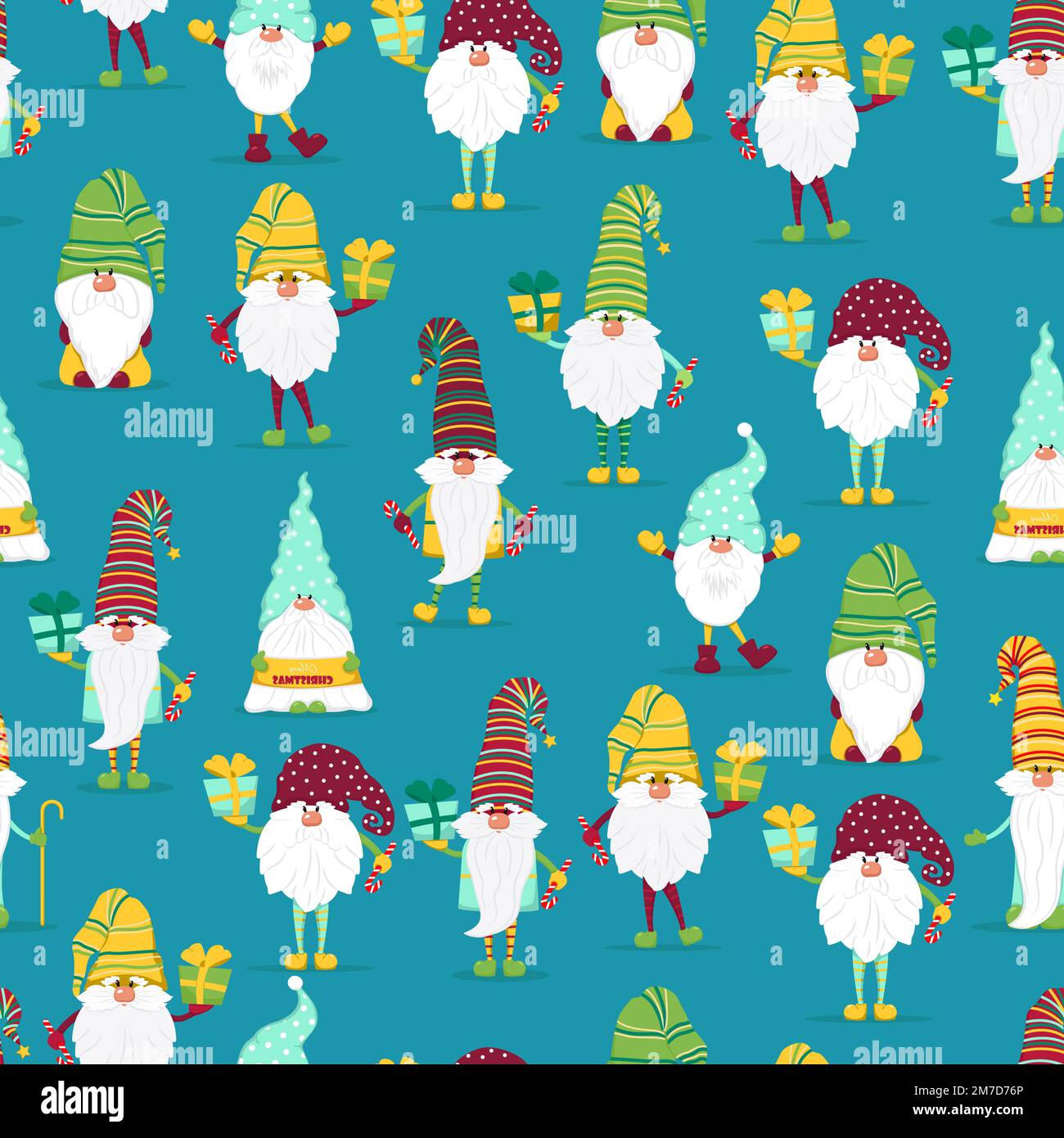 Gnomos Divertidos Con Regalos Sin Patrón Gnomos Alegres En Sombreros Vector Personajes Estilo