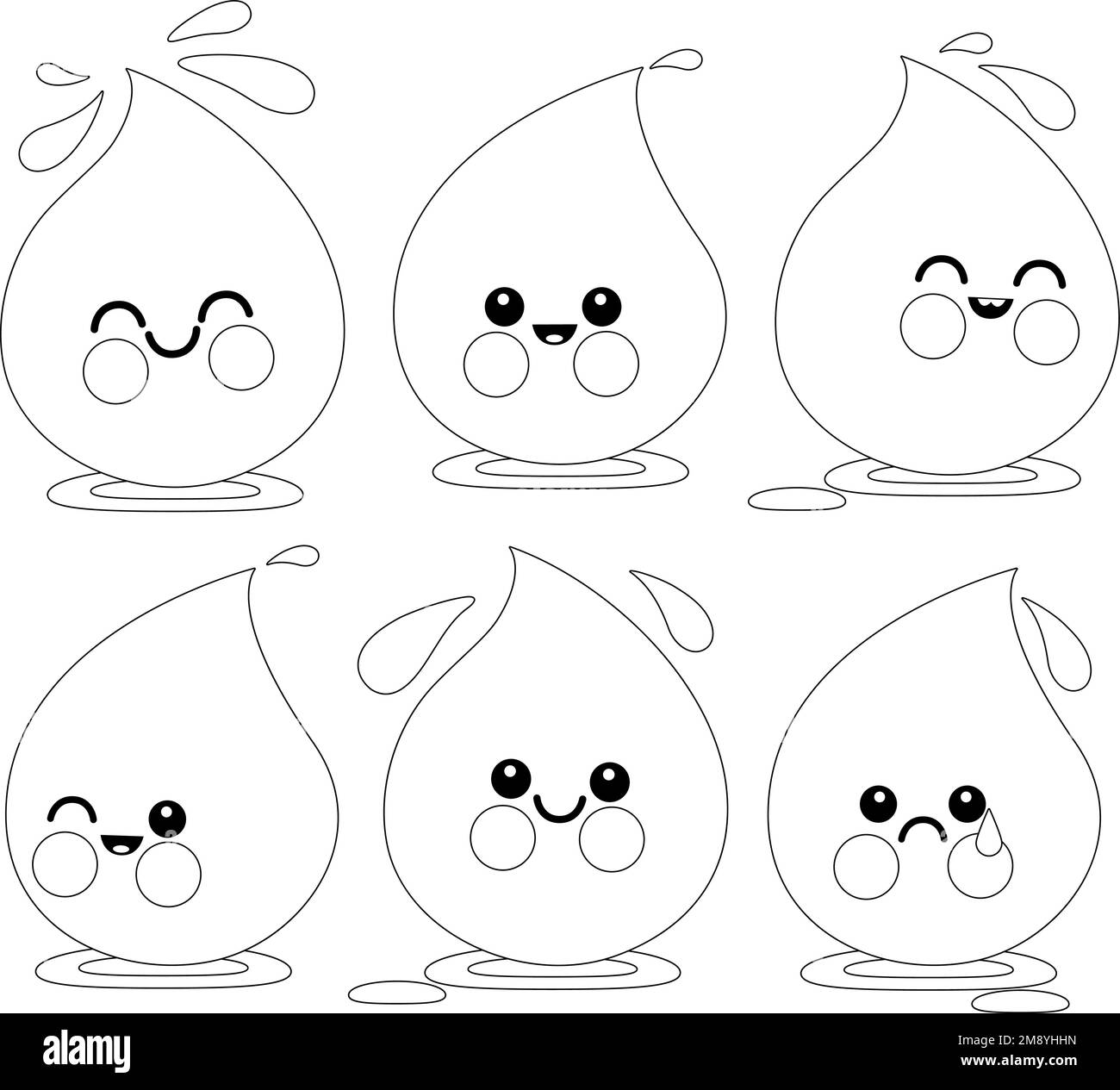 Lindos Personajes De Gota De Agua Vector Página Para Colorear En Blanco Y Negro Imagen Vector