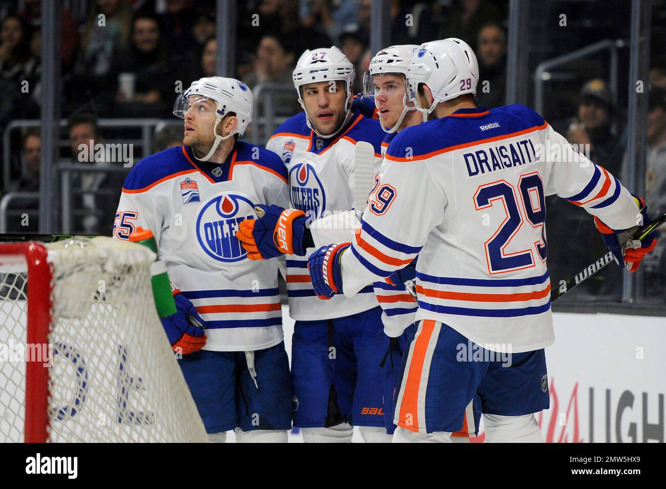 Edmonton Oilers, from left, Mark Letestu, Milan Lucic, Connor McDavid ...