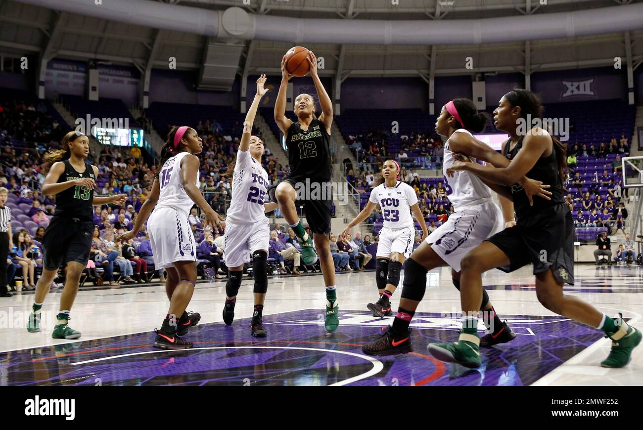 Baylor's Alexis Prince (12) goes up to shoot against TCU's Jada Butts ...