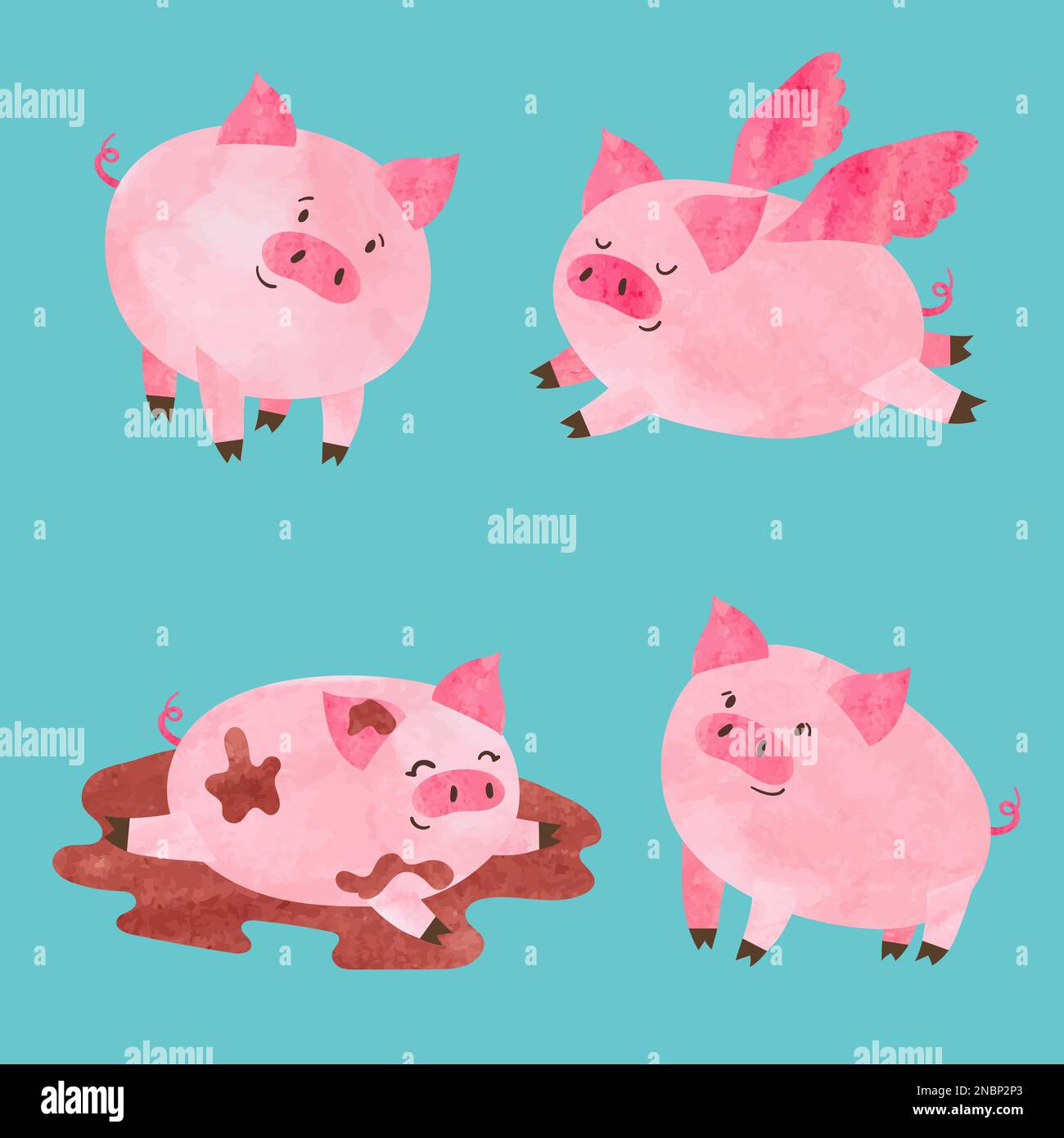 Lindo Juego De Cerdos De Acuarela Vector Ilustración De Dibujos