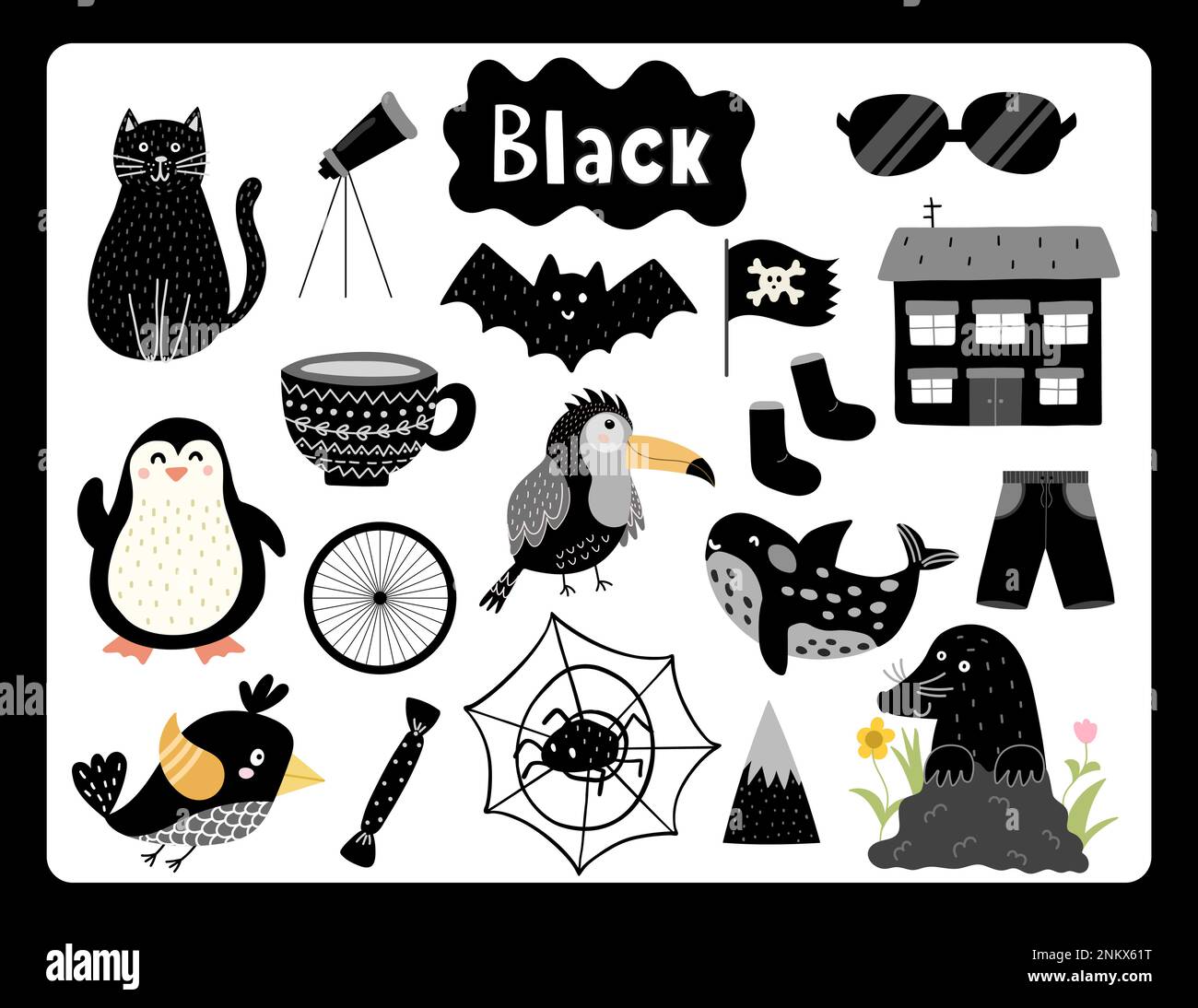 Conjunto De Objetos De Color Negro Flashcard De Colores Primarios Con Elementos Negros Imagen