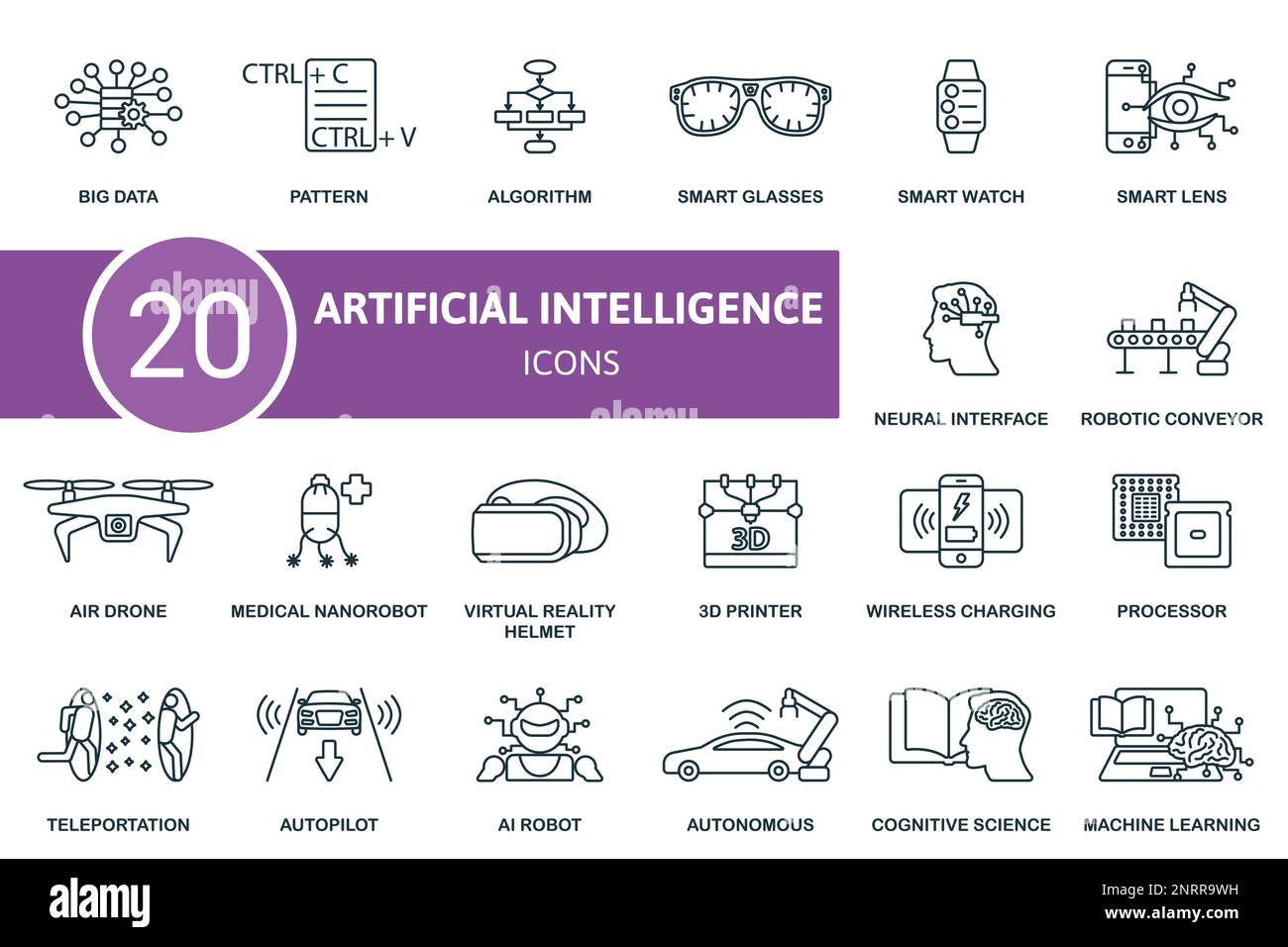 Conjunto de esquemas de iconos de inteligencia artificial. Monocromo ... Conjunto de esquemas de iconos de inteligencia artificial. Monocromo ...
