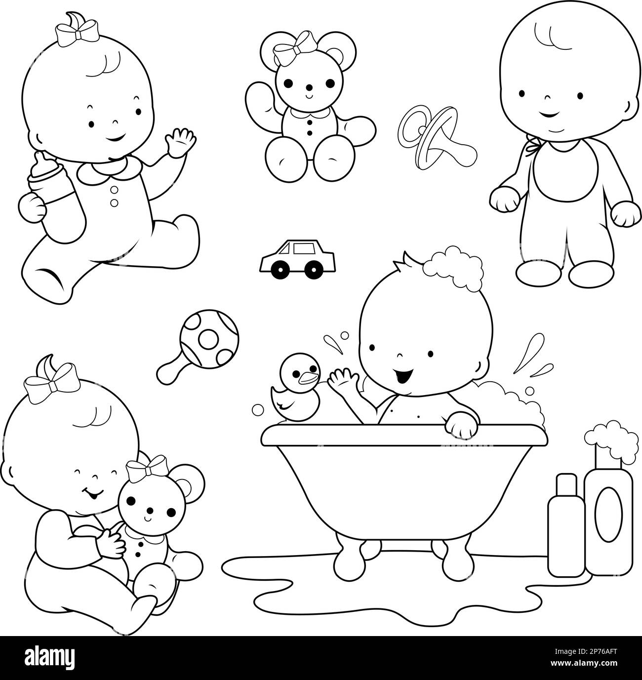 Bebés Tomando Un Baño Jugando Caminando Y Bebiendo Leche Vector Página Para Colorear En