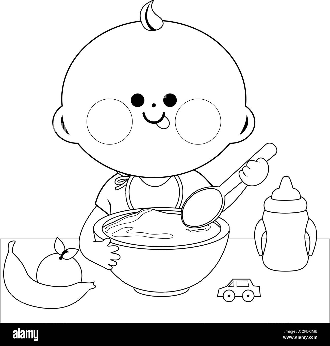 Bebé Comiendo Cereales Y Fruta Vector Página Para Colorear En Blanco Y