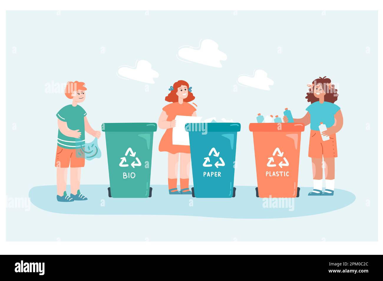 Niños Que Clasifican La Basura En Papeleras De Reciclaje Imagen Vector