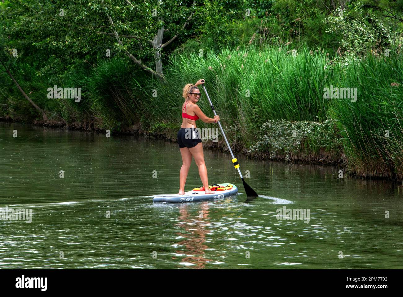 Mujer Haciendo Paddle Surf En El Río Tajo O El Río Tajo En El Jardín De La Isla Aranjuez España