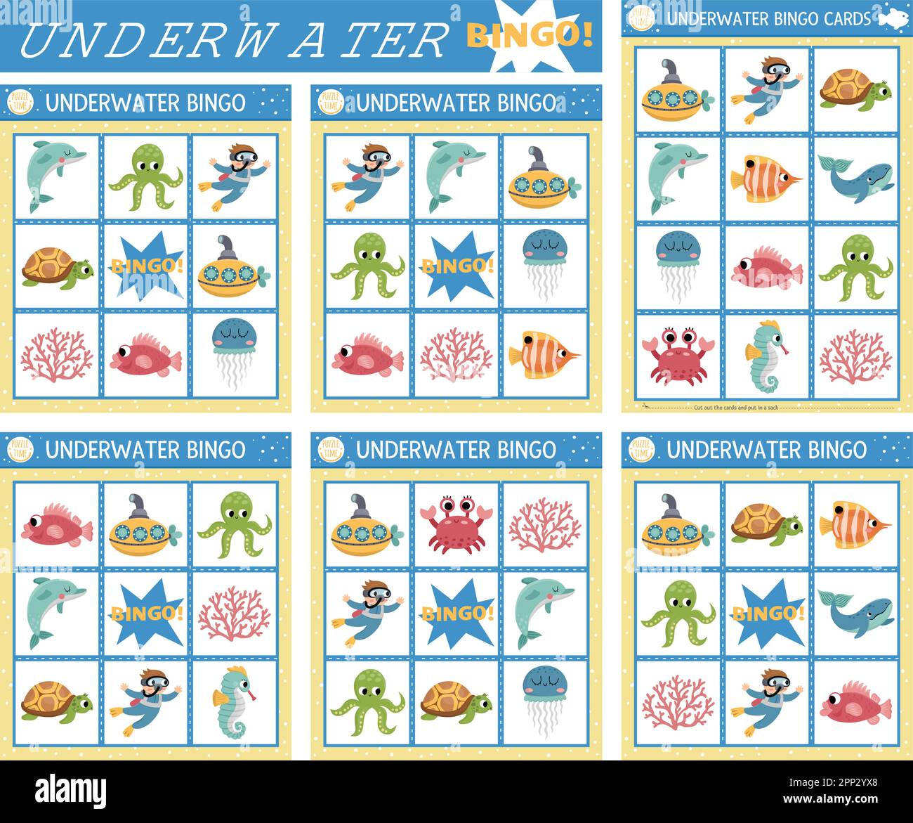 Vector bajo el mar juego de tarjetas de bingo. Divertido juego de mesa ...