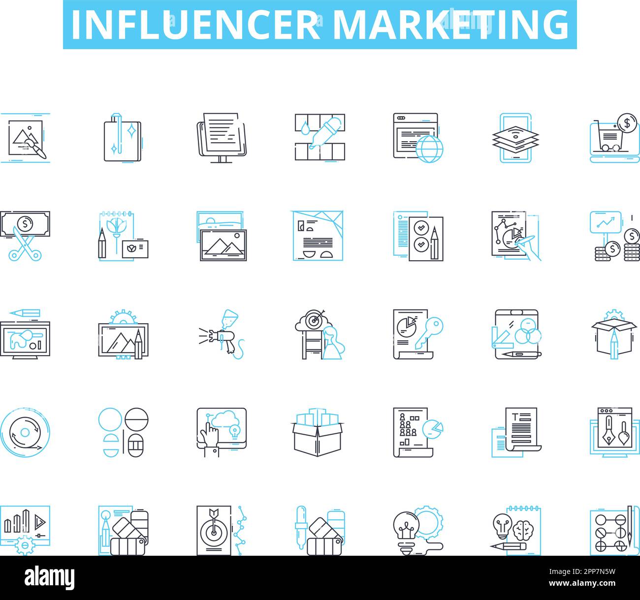 Influencer marketing lineal iconos set. Influencia, Compromiso ...