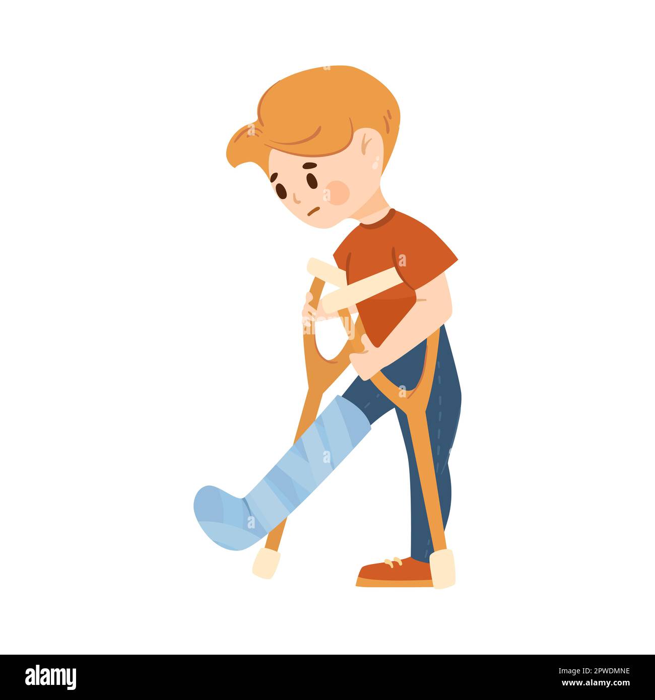 Muchacho triste en muletas con ilustración de dibujos animados de ... Muchacho triste en muletas con ilustración de dibujos animados de ...