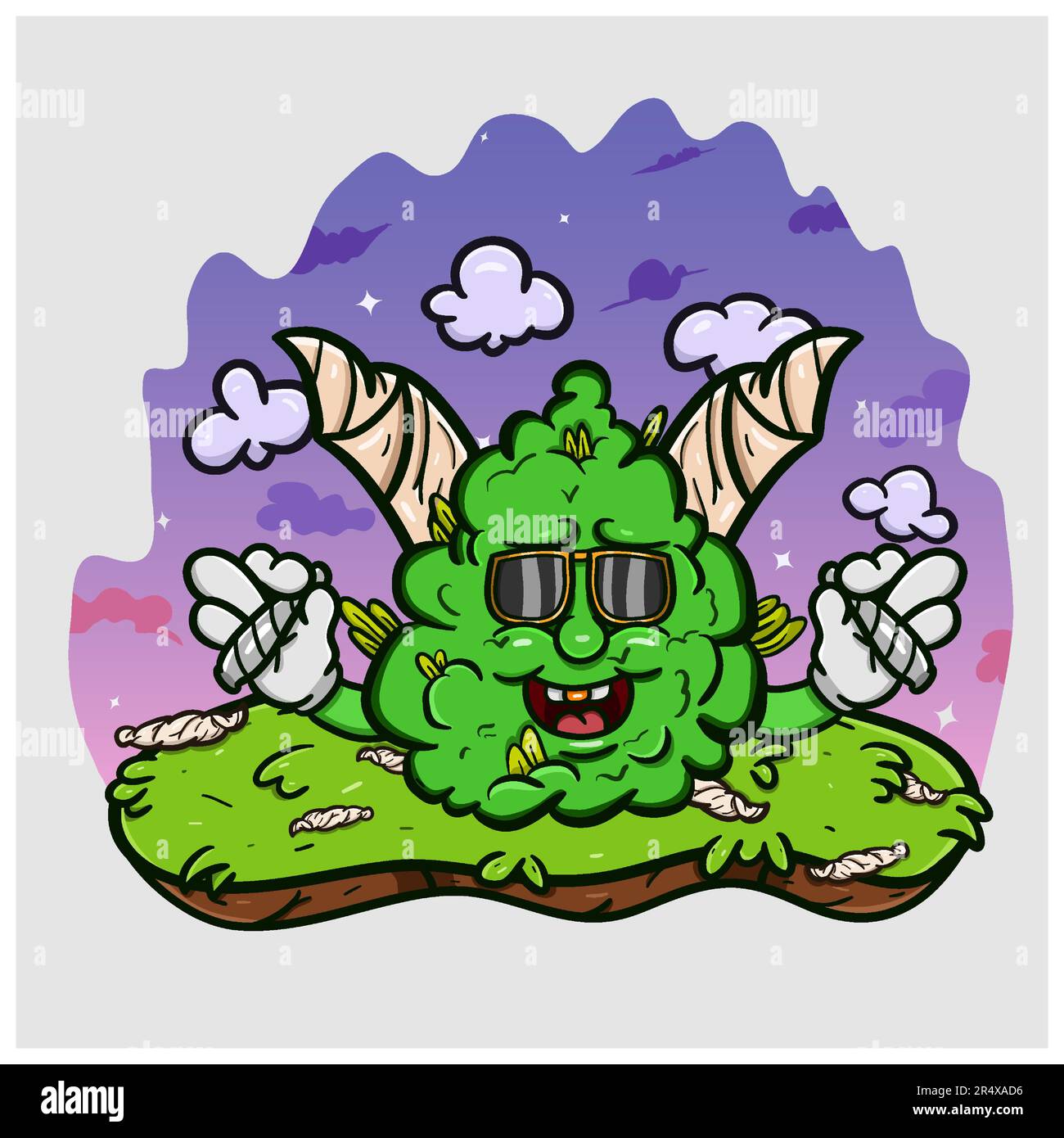 Mascota De Dibujos Animados De Weed Bud Con Cigarrillo En El Jardín De La Tarde Vector E