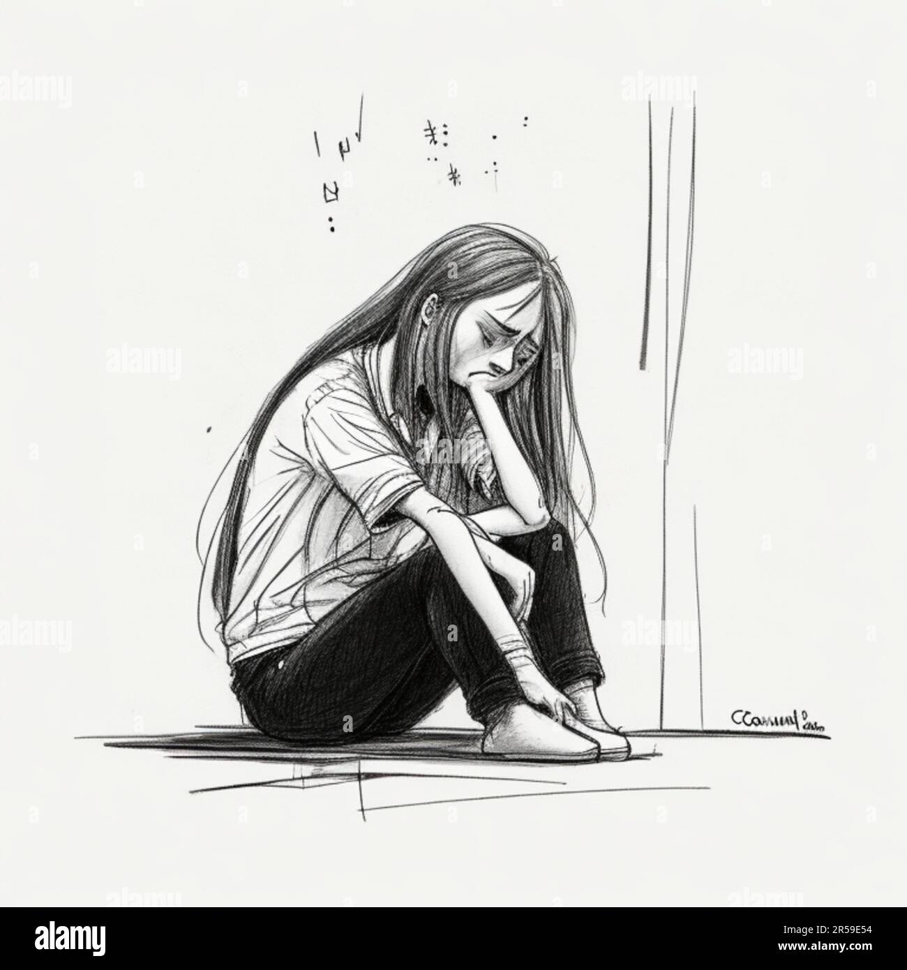 Dibujo de dibujos animados con arte de línea de mujer joven sola tiene ...