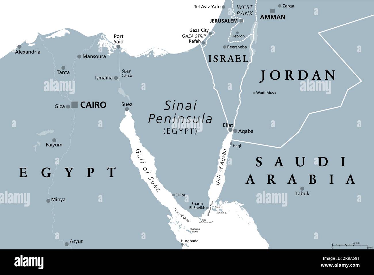 Península Del Sinaí Mapa Político Gris Península En Egipto Situada