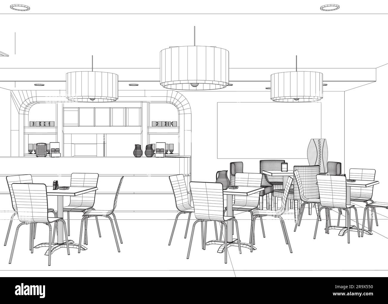Restaurante Moderno Wireframe De Interior Amueblado De Restaurante De