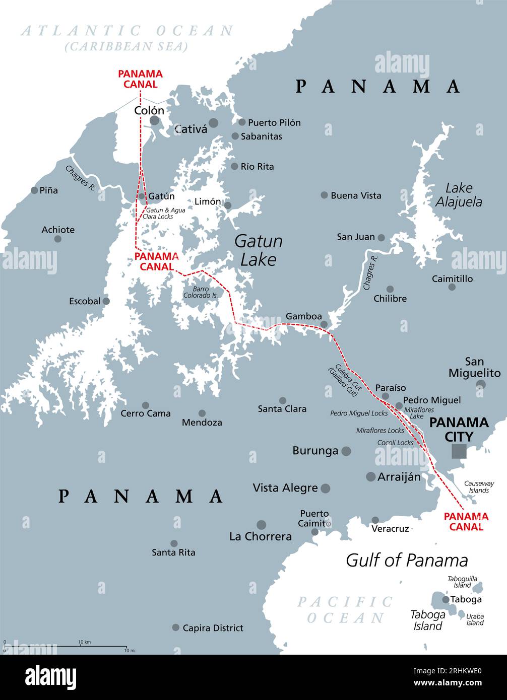 Canal De Panamá Mapa Político Gris Vía Fluvial Artificial En Panamá