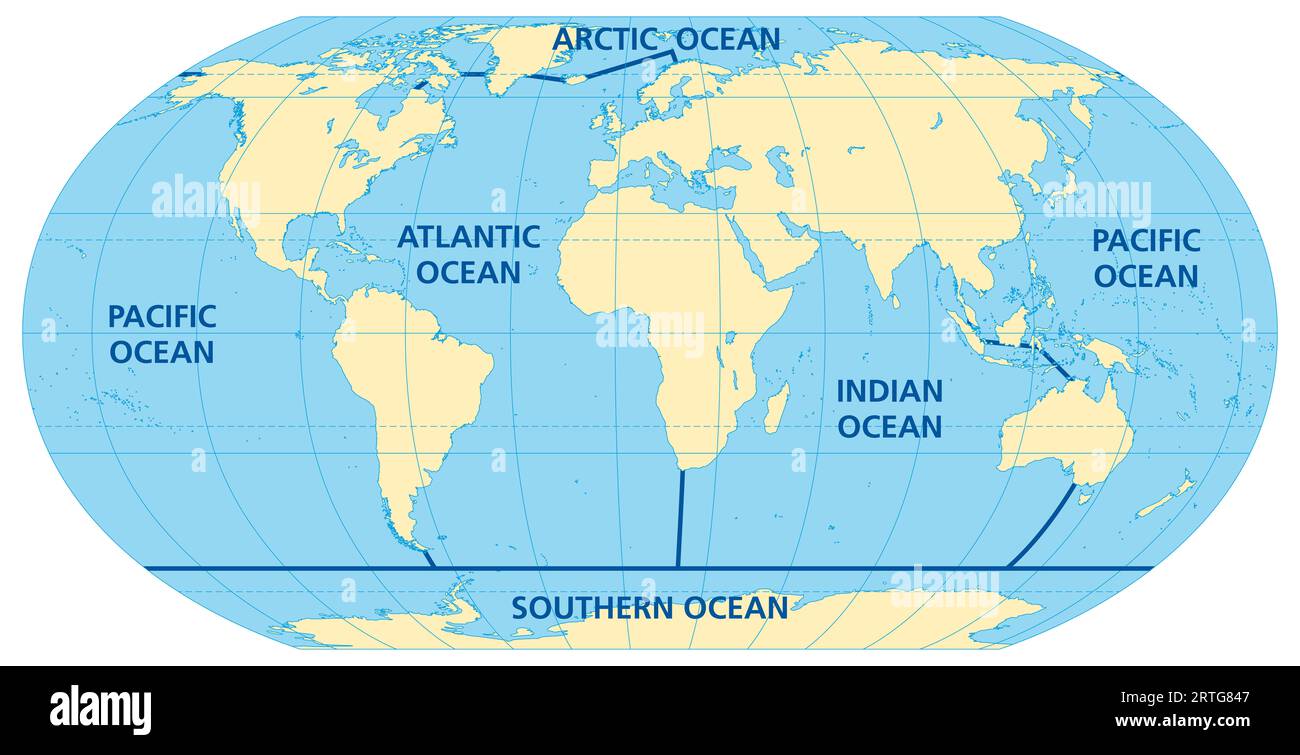 Mapa Mundial De Los Cinco Océanos Modelo De Divisiones Oceánicas Con