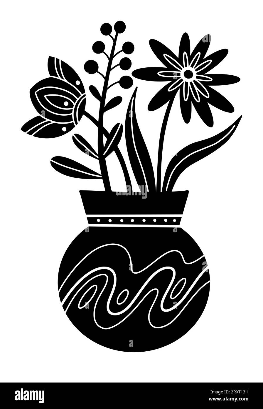 Silueta Estilizada De Un Jarrón Negro Con Flores Sobre Fondo Blanco Ilustración Vectorial