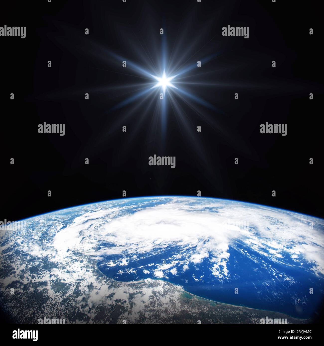 Una Estrella Brillante Brilla Sobre La Tierra En El Espacio Nacimiento