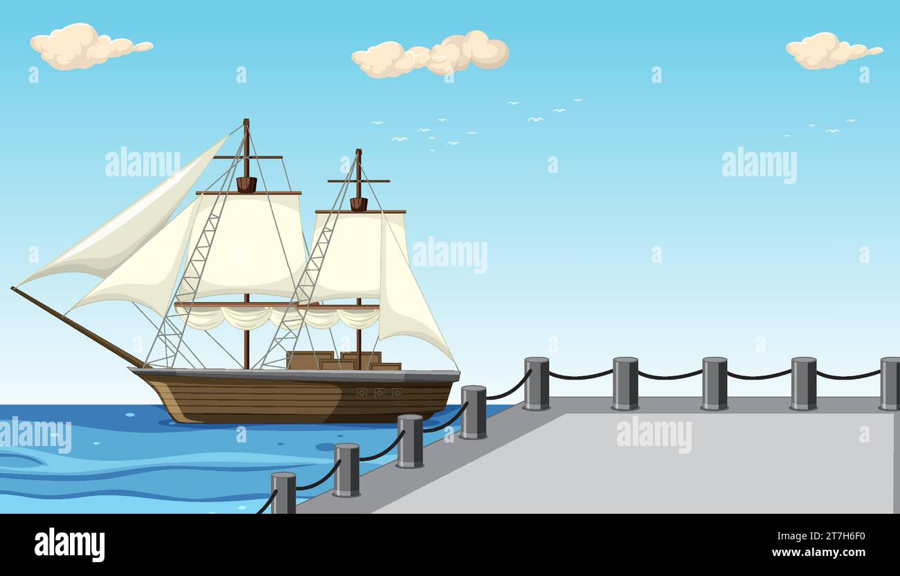 Una ilustración vectorial de dibujos animados de un velero que llega al ...