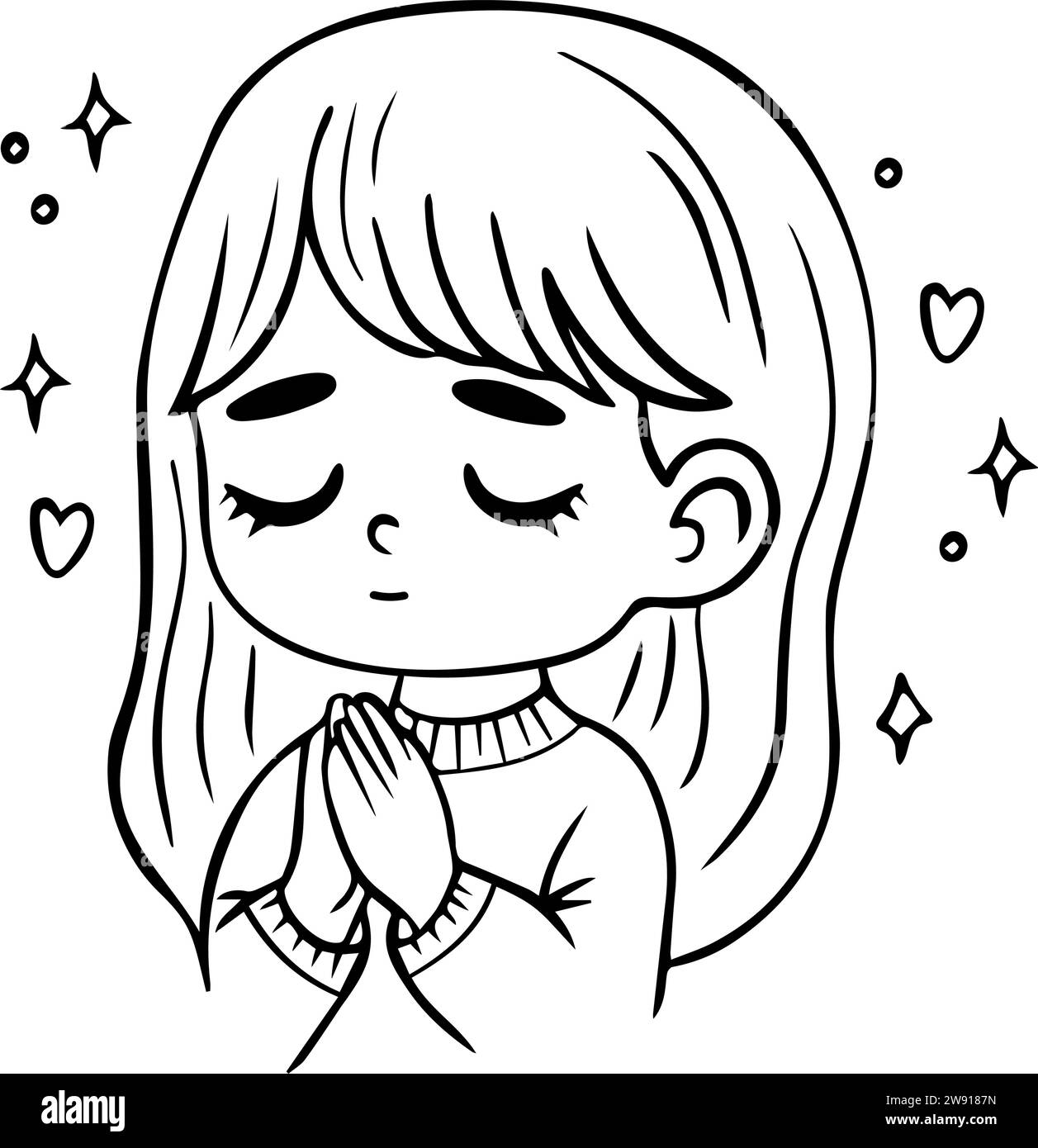 Retrato Linda Niña Rezando Con El Pelo Largo Ilustración Vectorial Dibujo Lineal A Mano Libro